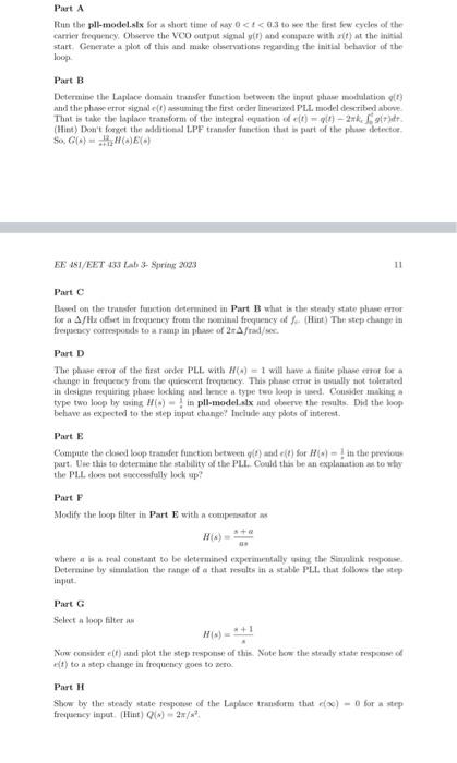 Part A Bue the pll-model.slx for a short time of nay | Chegg.com