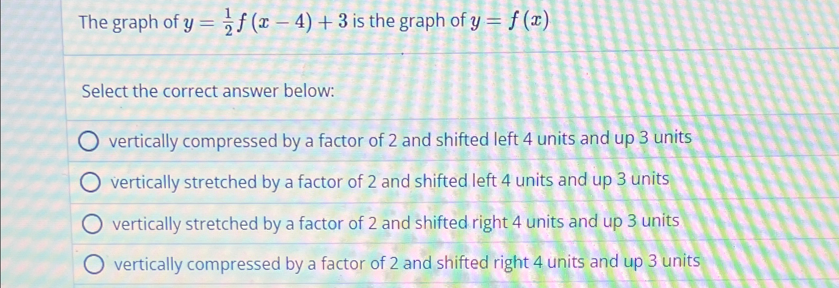 Solved The graph of y=12f(x-4)+3 ﻿is the graph of | Chegg.com