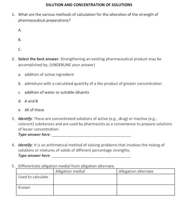 Solved DILUTION AND CONCENTRATION OF SOLUTIONS 1. What are | Chegg.com