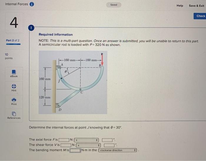 Solved Internal Forces Saved Help Save & Exit Check 4 ! Part | Chegg.com