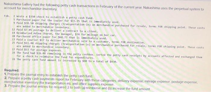 Solved Nakashima Gallery had the following petty cash | Chegg.com