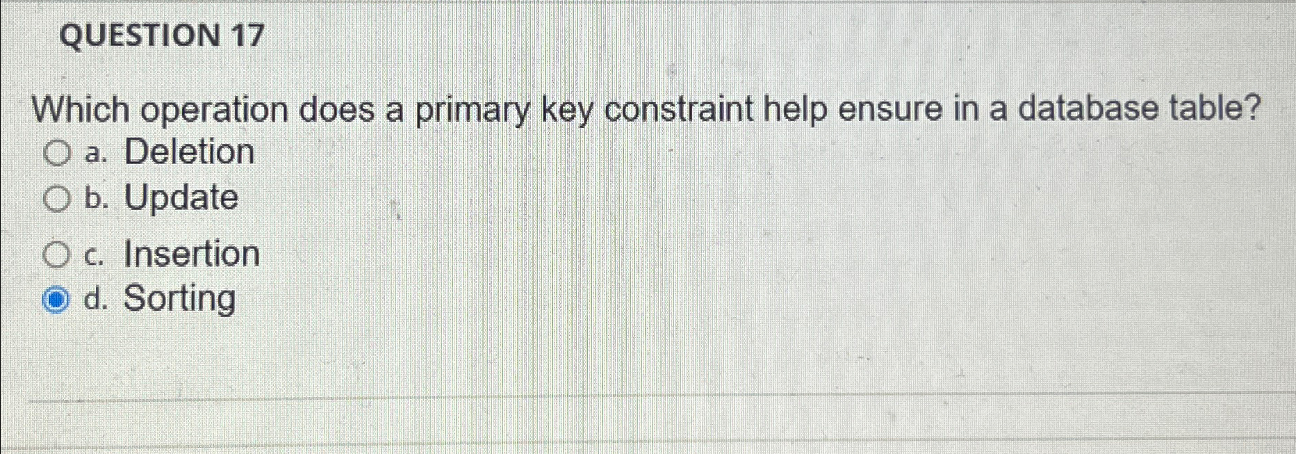 Solved QUESTION 17Which operation does a primary key | Chegg.com