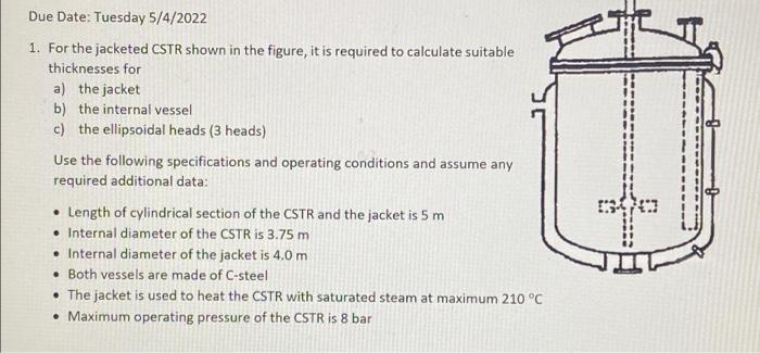 Solved Due Date: Tuesday 5/4/2022 1. For the jacketed CSTR | Chegg.com