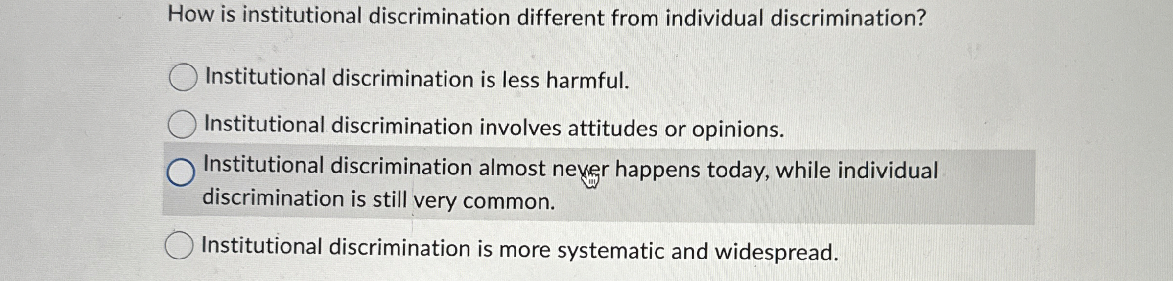Solved How is institutional discrimination different from | Chegg.com