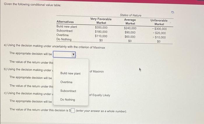 Solved Given the following conditional value table: Very | Chegg.com