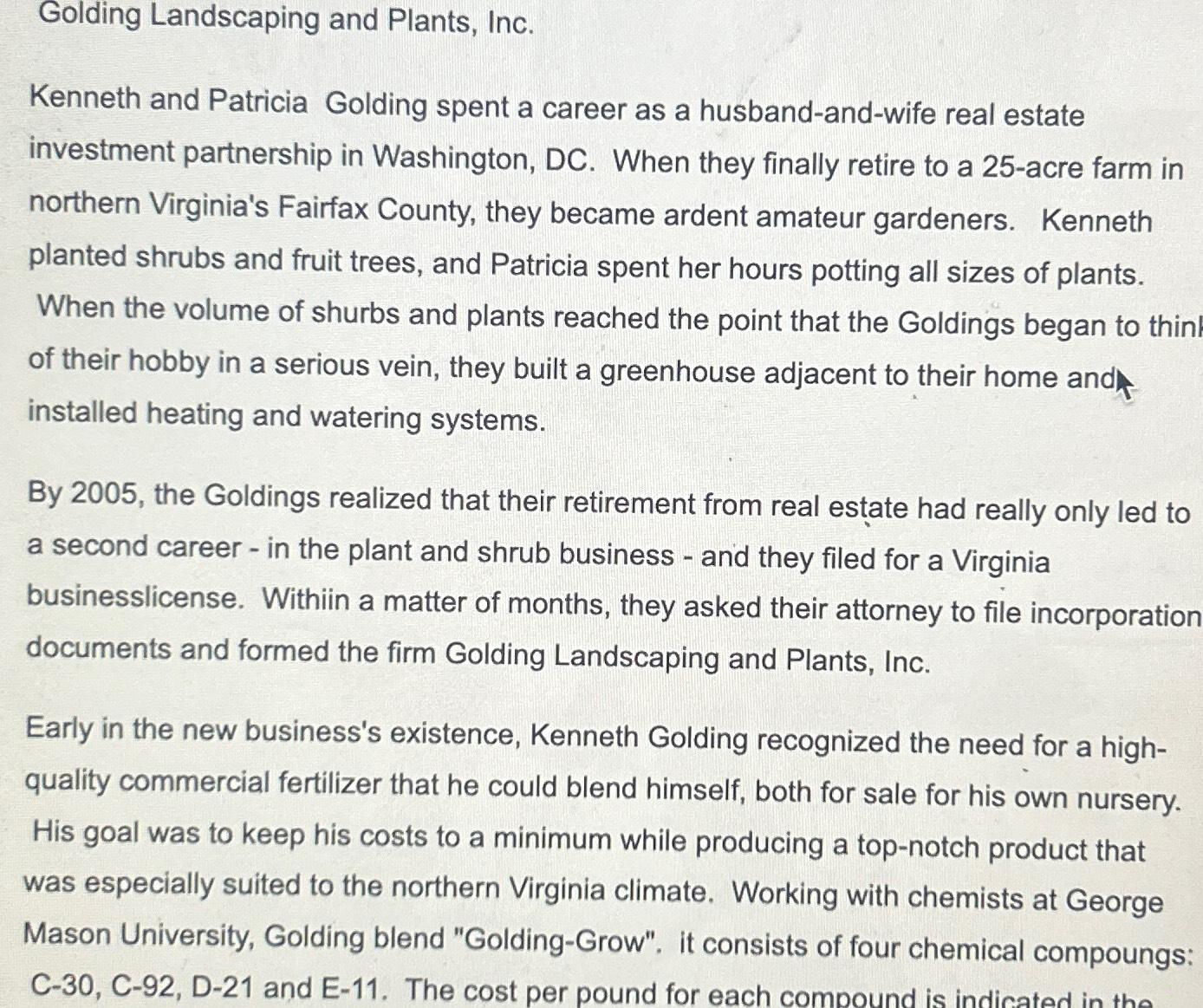 Solved Golding Landscaping and Plants, Inc.Kenneth and | Chegg.com