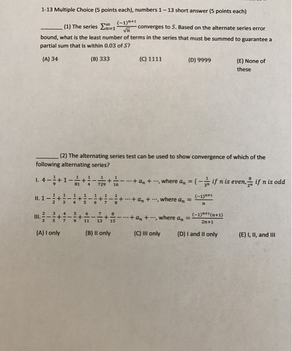 Solved (-1)*+1 1-13 Multiple Choice (5 points each), numbers | Chegg.com