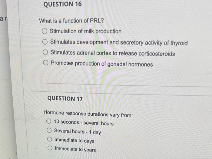 Solved What is a function of PRL? Stimulation of milk | Chegg.com