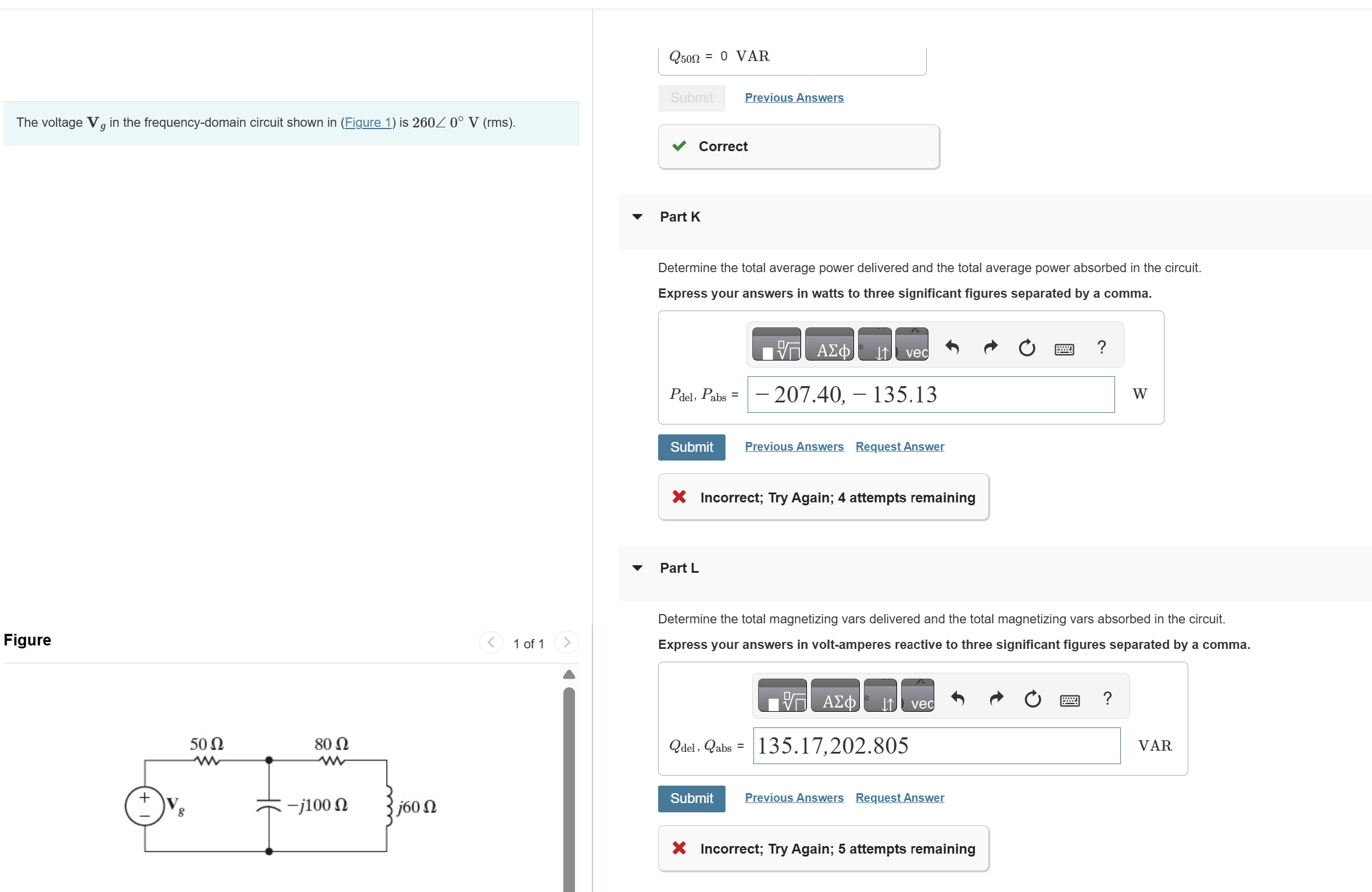 Solved The voltage VgVg in the frequency-domain circuit | Chegg.com