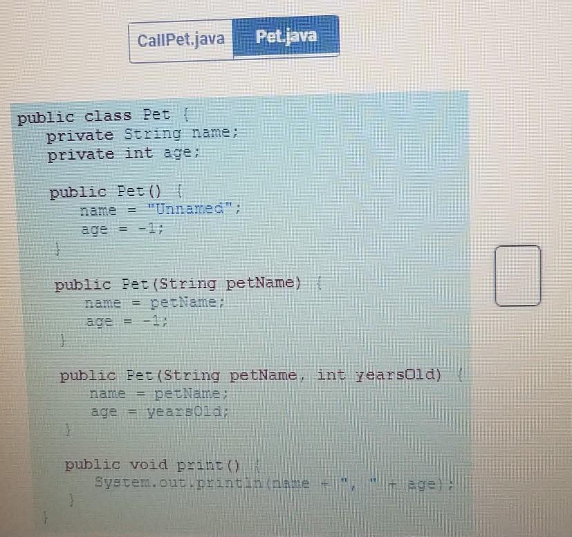 Solved CallPet.java Pet.java public class CaliPet { public | Chegg.com
