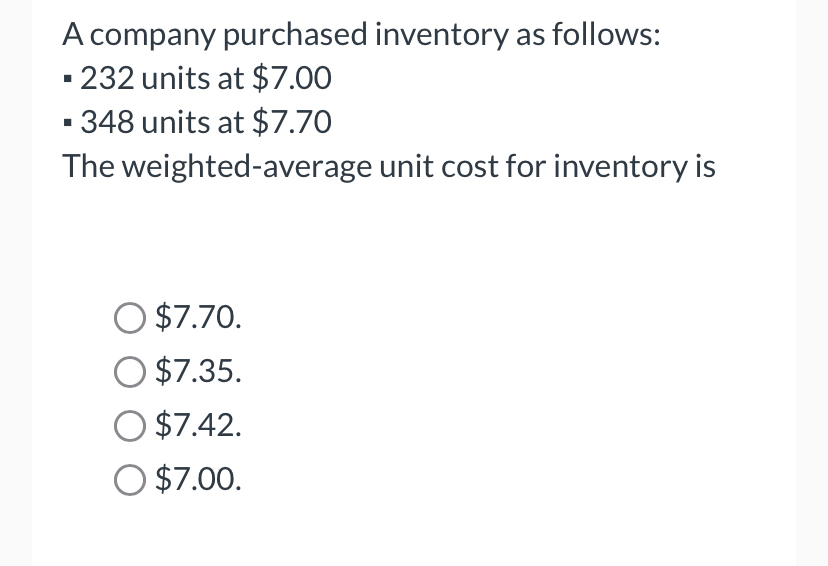 Solved A company purchased inventory as follows:232 ﻿units | Chegg.com