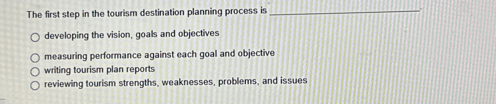 Solved The first step in the tourism destination planning | Chegg.com