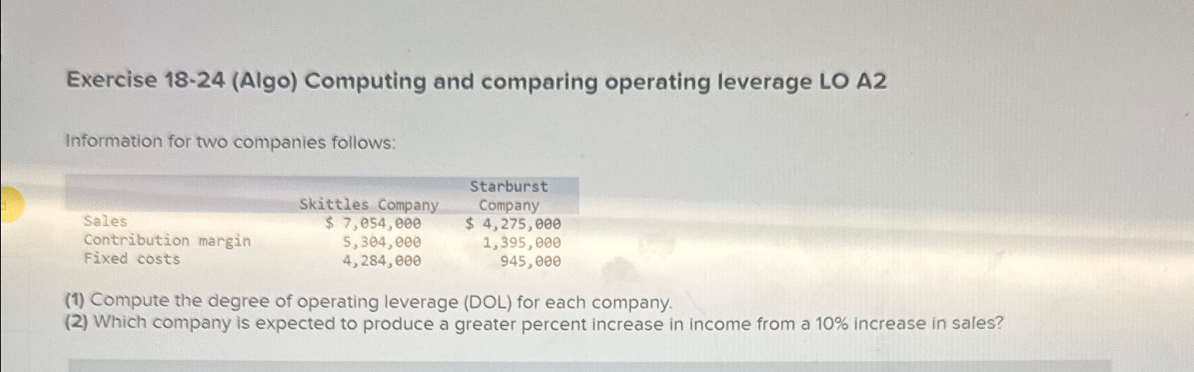 Solved Exercise 18-24 (Algo) ﻿Computing and comparing | Chegg.com