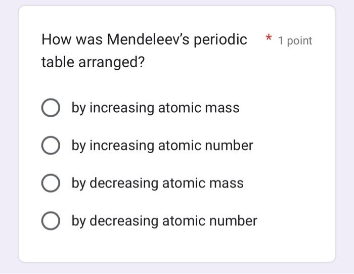 Solved How was Mendeleev's periodic 1 point table arranged? | Chegg.com