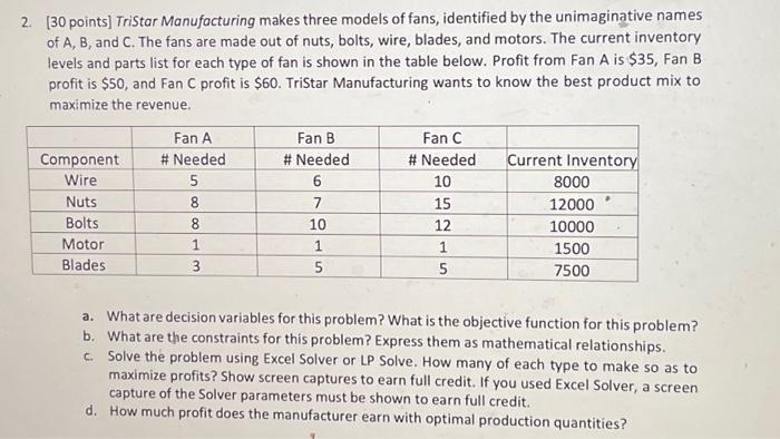 Solved 2. [ 30 points] TriStar Manufacturing makes three | Chegg.com