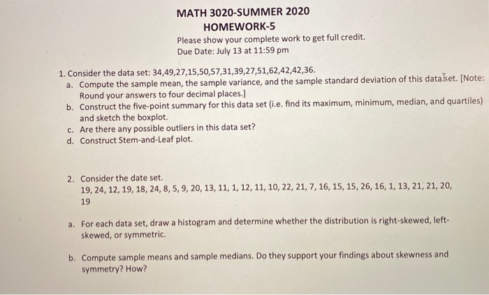Solved MATH 3020-SUMMER 2020 HOMEWORK-5 Please show your | Chegg.com