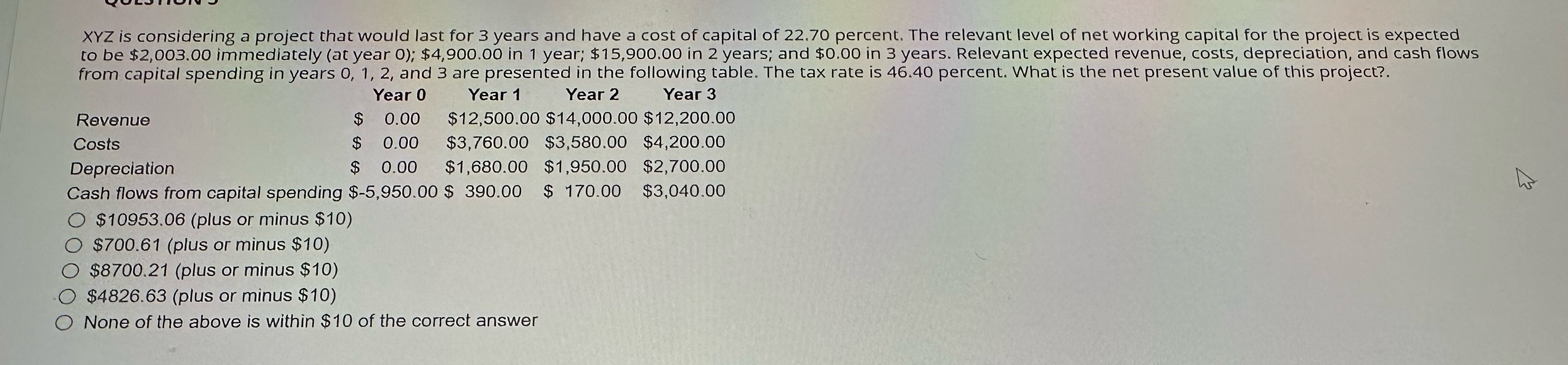 Solved XYZ is considering a project that would last for 3 | Chegg.com