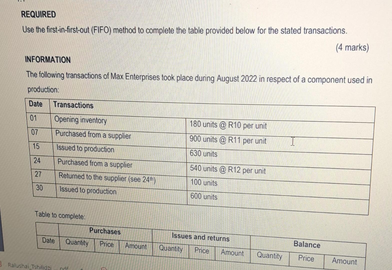 Solved Use the first-in-first-out (FIFO) method to complete | Chegg.com