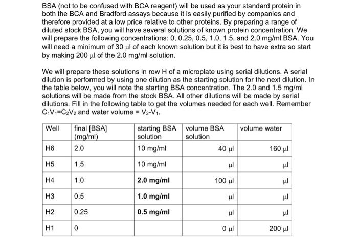 Solved BSA (not to be confused with BCA reagent) will be | Chegg.com