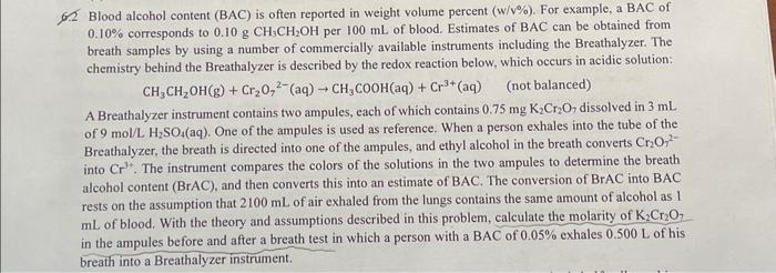 Solved 2 Blood alcohol content (BAC) is often reported in | Chegg.com