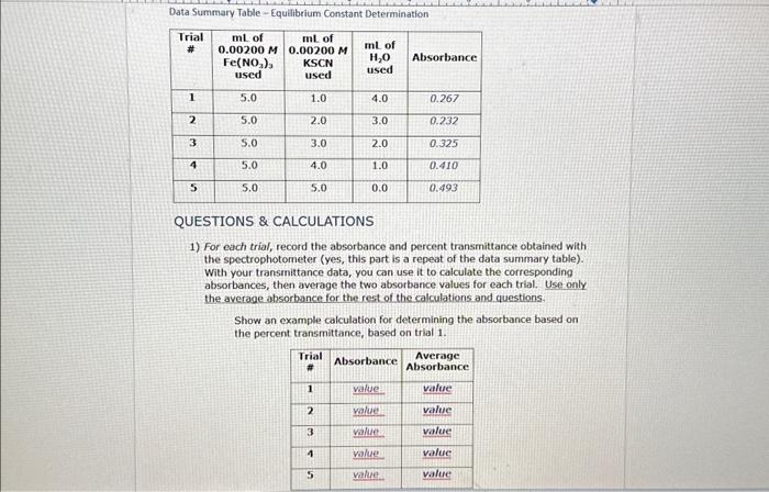 Solved 1). For each trial, record the absorbance and percent | Chegg.com
