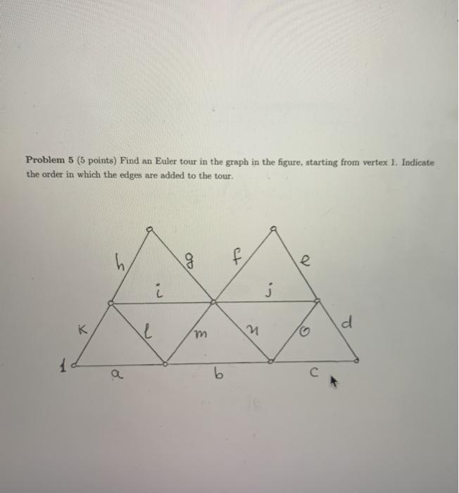 Solved Problem 5 (5 points) Find an Euler tour in the graph | Chegg.com Solved Problem 5 (5 points) Find an Euler tour in the graph | Chegg.com