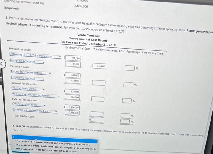 Solved Environmental Cost Report Verde Company reported | Chegg.com