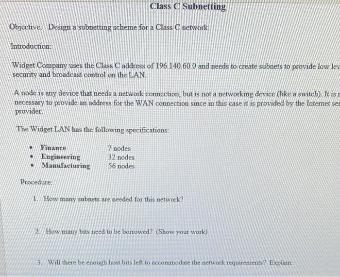 Solved Class C Subnetting Objective Design A Subnetting