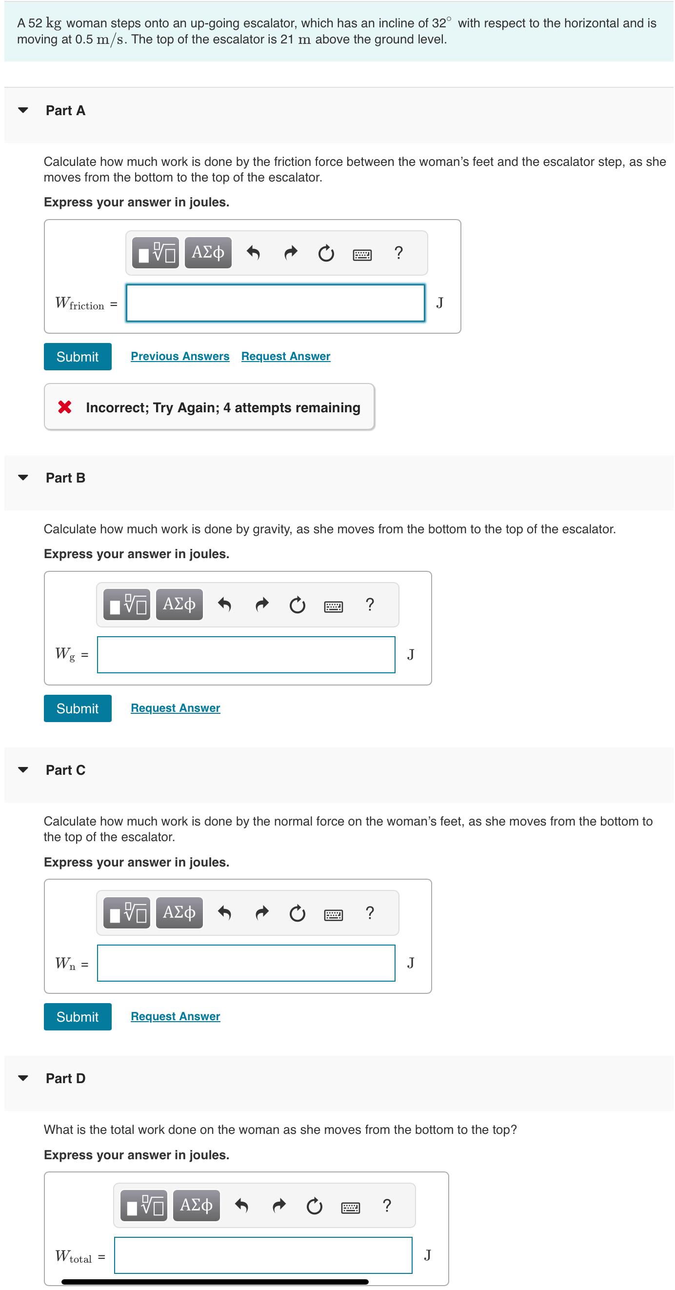Solved A 52 ﻿kg woman steps onto an up-going escalator, | Chegg.com
