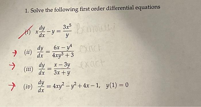 Solved 1. Solve the following first order differential | Chegg.com