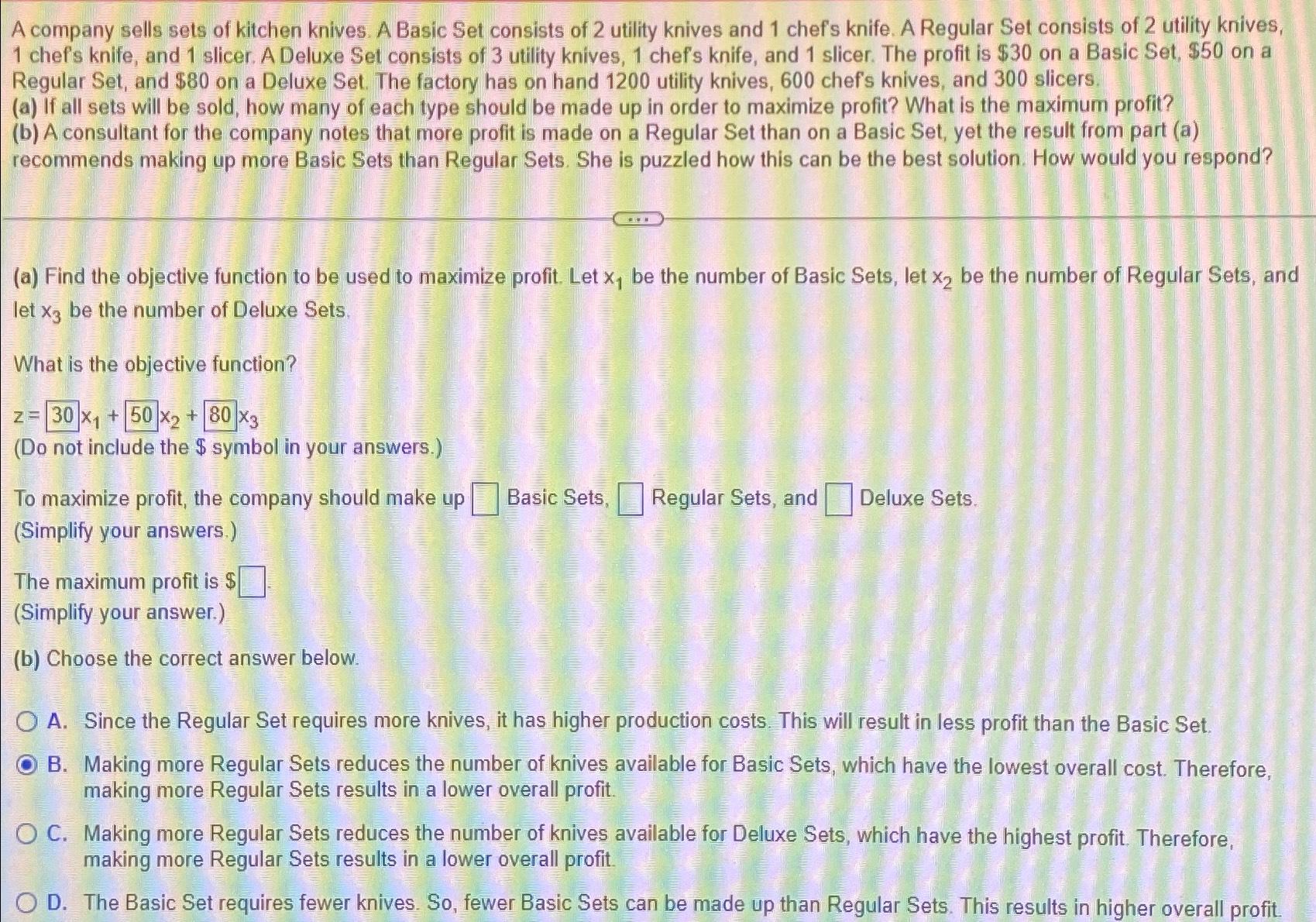 Solved A company sells sets of kitchen knives. A Basic Set | Chegg.com