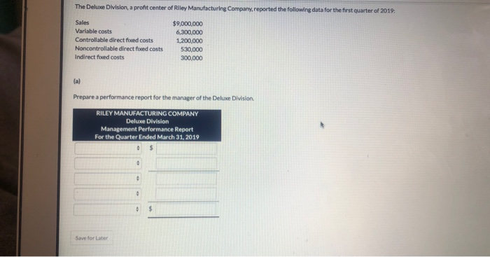 Solved The Deluxe Division, a profit center of Riley | Chegg.com