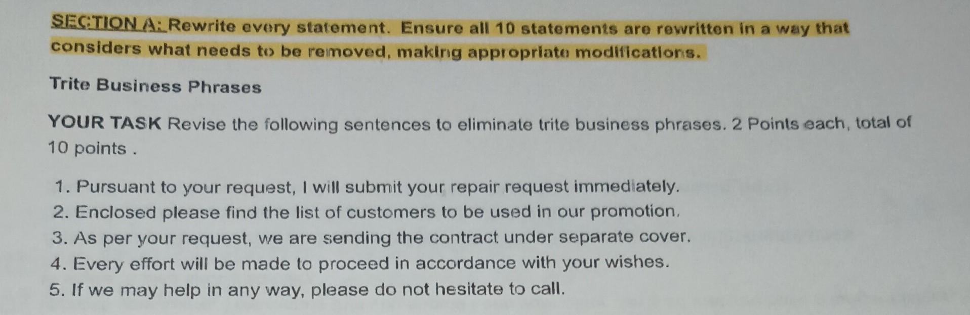 SEC:TION A: Rewrite evory statement. Ensure all 10 | Chegg.com