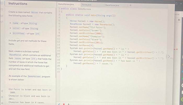 Solved Instructions Create a class named Horse that contains | Chegg.com