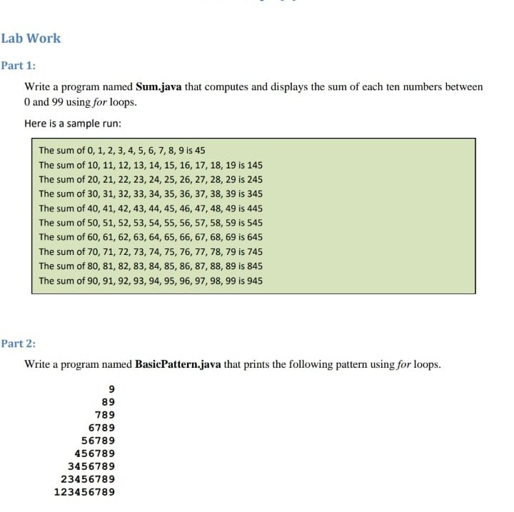 Solved Lab Work Part 1: Write a program named Sum.java that | Chegg.com