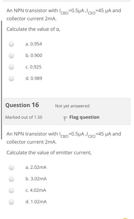 Solved An NPN transistor with IcBo=0.54A,'ceo=45 PA and | Chegg.com