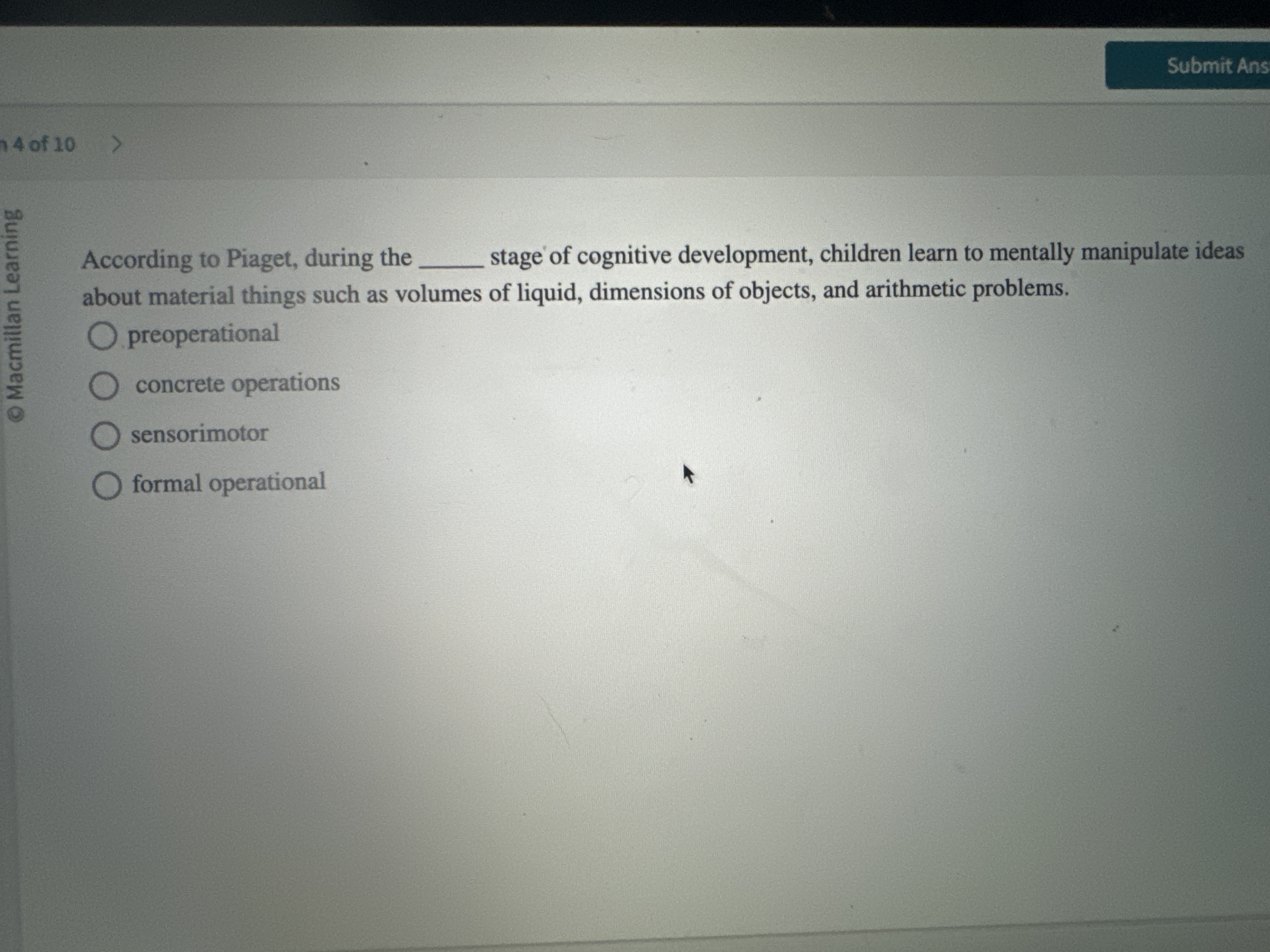 Solved According to Piaget, during the stage of cognitive | Chegg.com