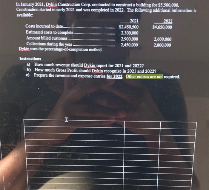 Solved In January 2021, Dykin Construction Corp. contracted | Chegg.com