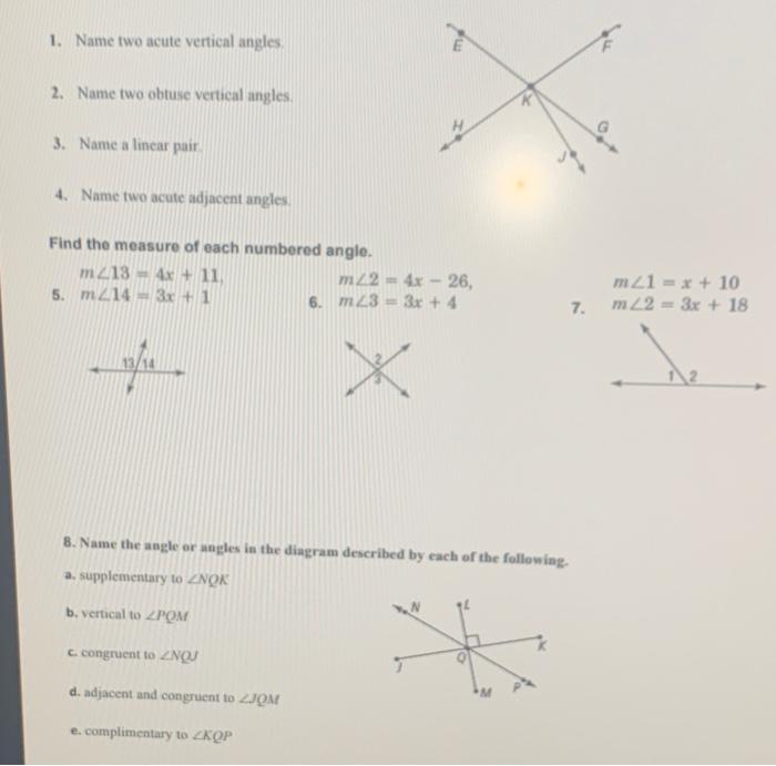 Solved 1. Name two acute vertical angles, 2. Name two obtuse | Chegg.com