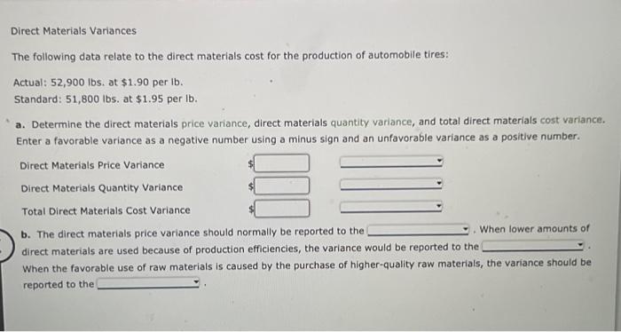 Solved Direct Materials Variances The following data relate | Chegg.com