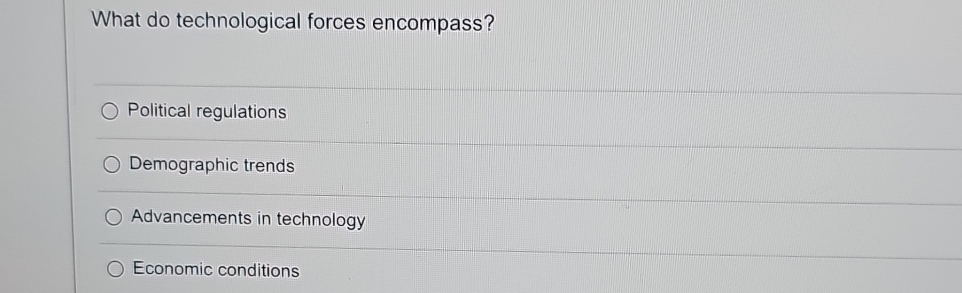 Solved What do technological forces encompass?Political | Chegg.com