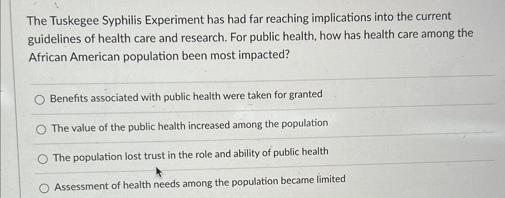 Solved The Tuskegee Syphilis Experiment has had far reaching | Chegg.com