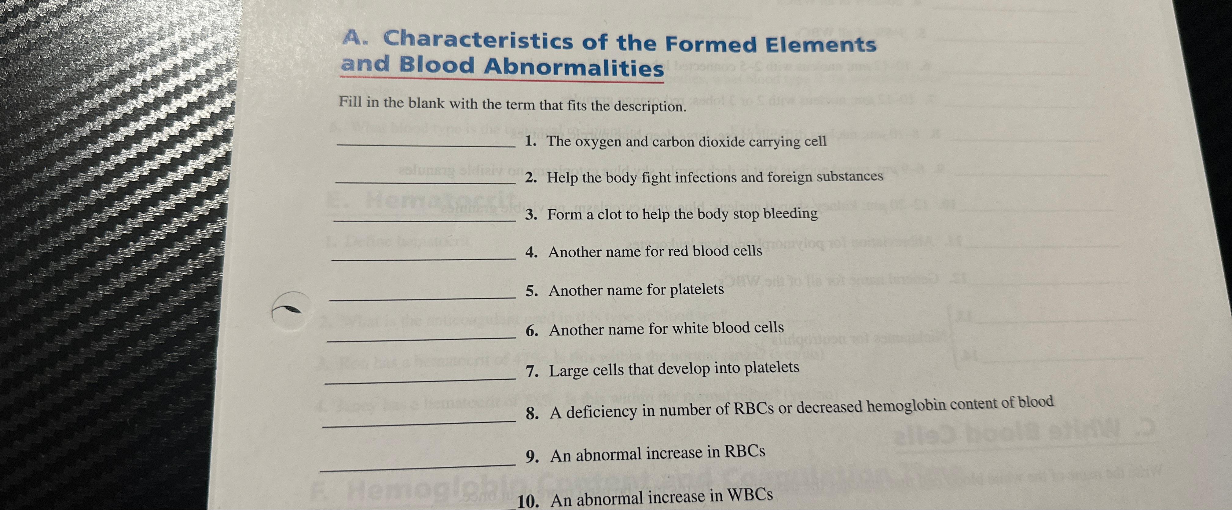 Solved A. ﻿Characteristics of the Formed Elements and Blood | Chegg.com