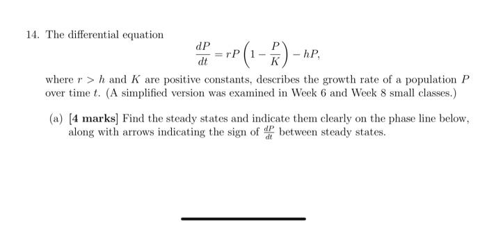 Solved 14. The differential equation dtdP=rP(1−KP)−hP, where | Chegg.com