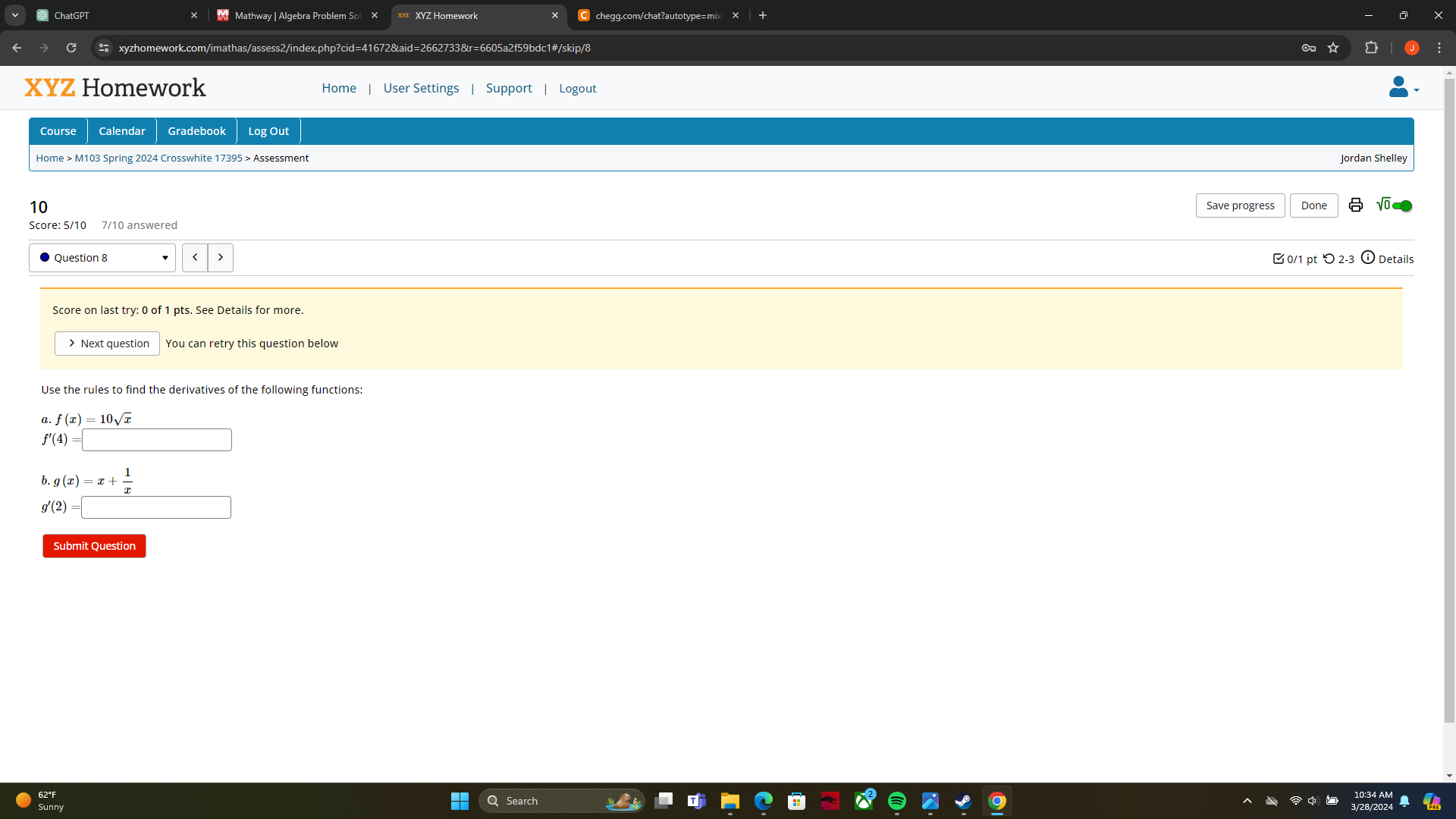Solved XYZ HomeworkHomeUser SettingsYou can retry this | Chegg.com