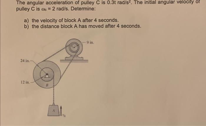 Solved The angular acceleration of pulley C is 0.3trad/s2. | Chegg.com