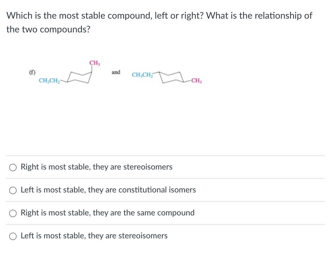Solved Which is the most stable compound, left or right? | Chegg.com