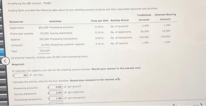 Solved Simplifying the ABC System: TDABC Golding Bank | Chegg.com