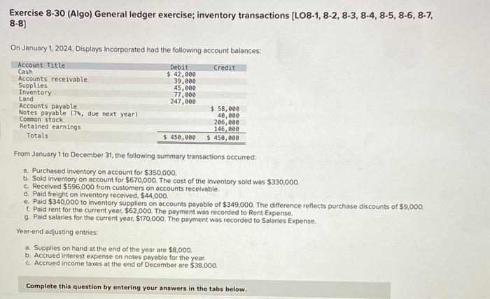 Solved Exercise 8-30 (Algo) General ledger exercise; | Chegg.com