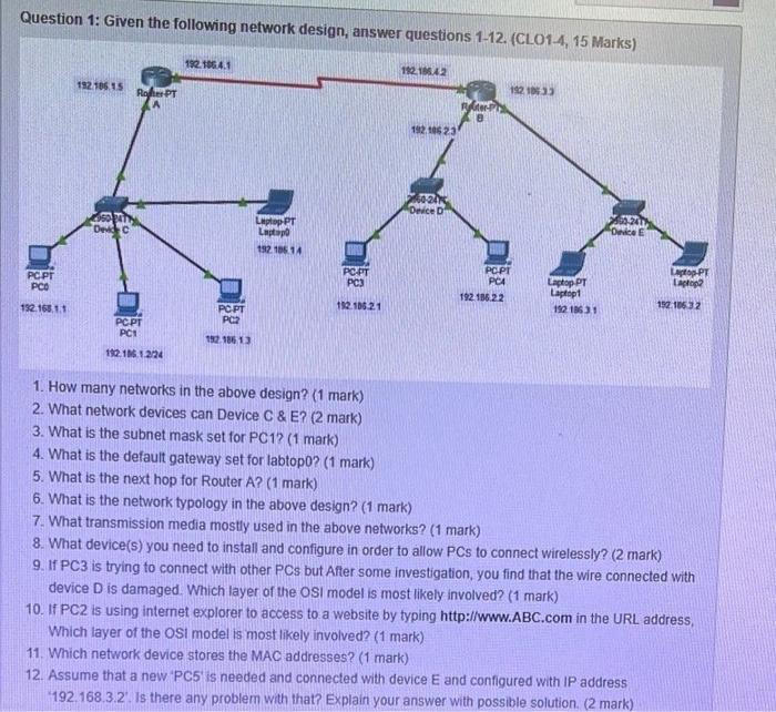 Solved Question 1: Given the following network design, | Chegg.com